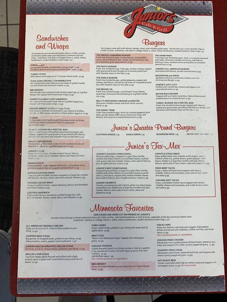 Menu at Junior's Cafe & Grill, Eagan