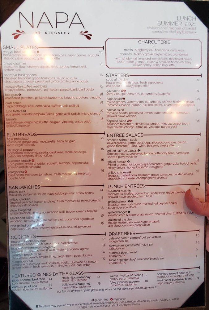Menu at Napa at Kingsley pub & bar, Fort Mill