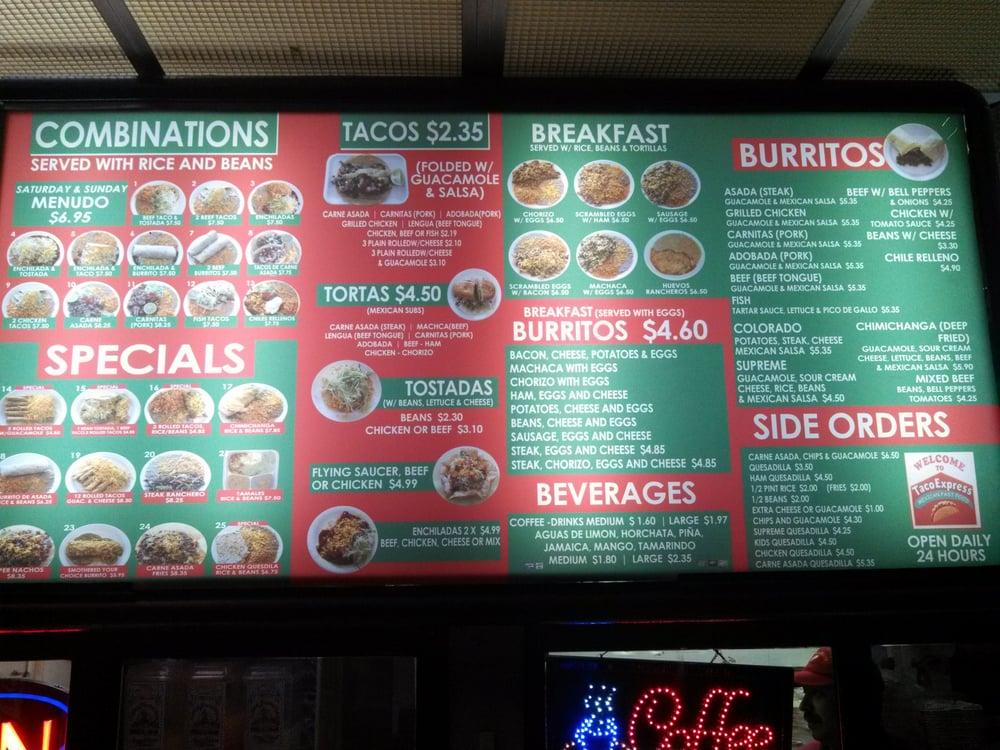 Menu at Taco Express restaurant, Colorado Springs, Centennial Blvd