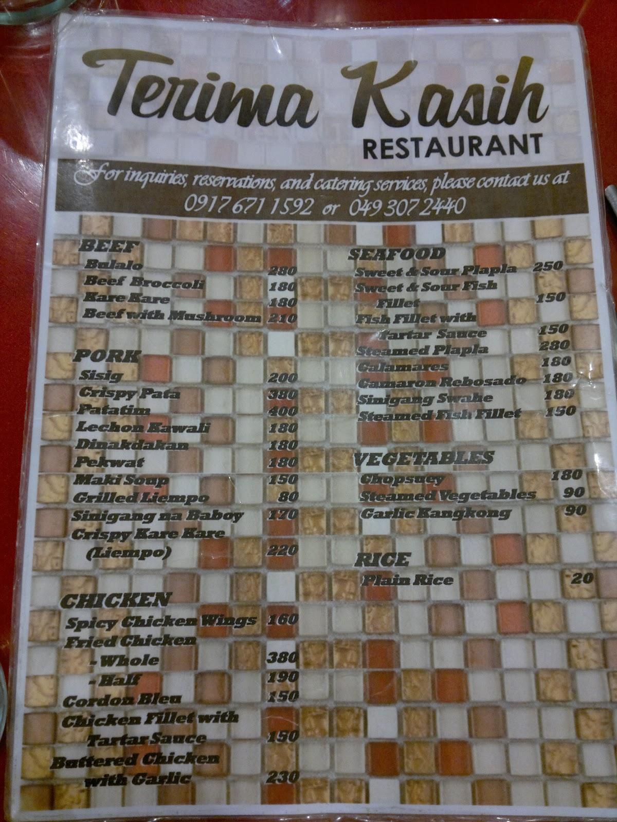 Menu at Terima Kasih Restaurant, Pagsanjan