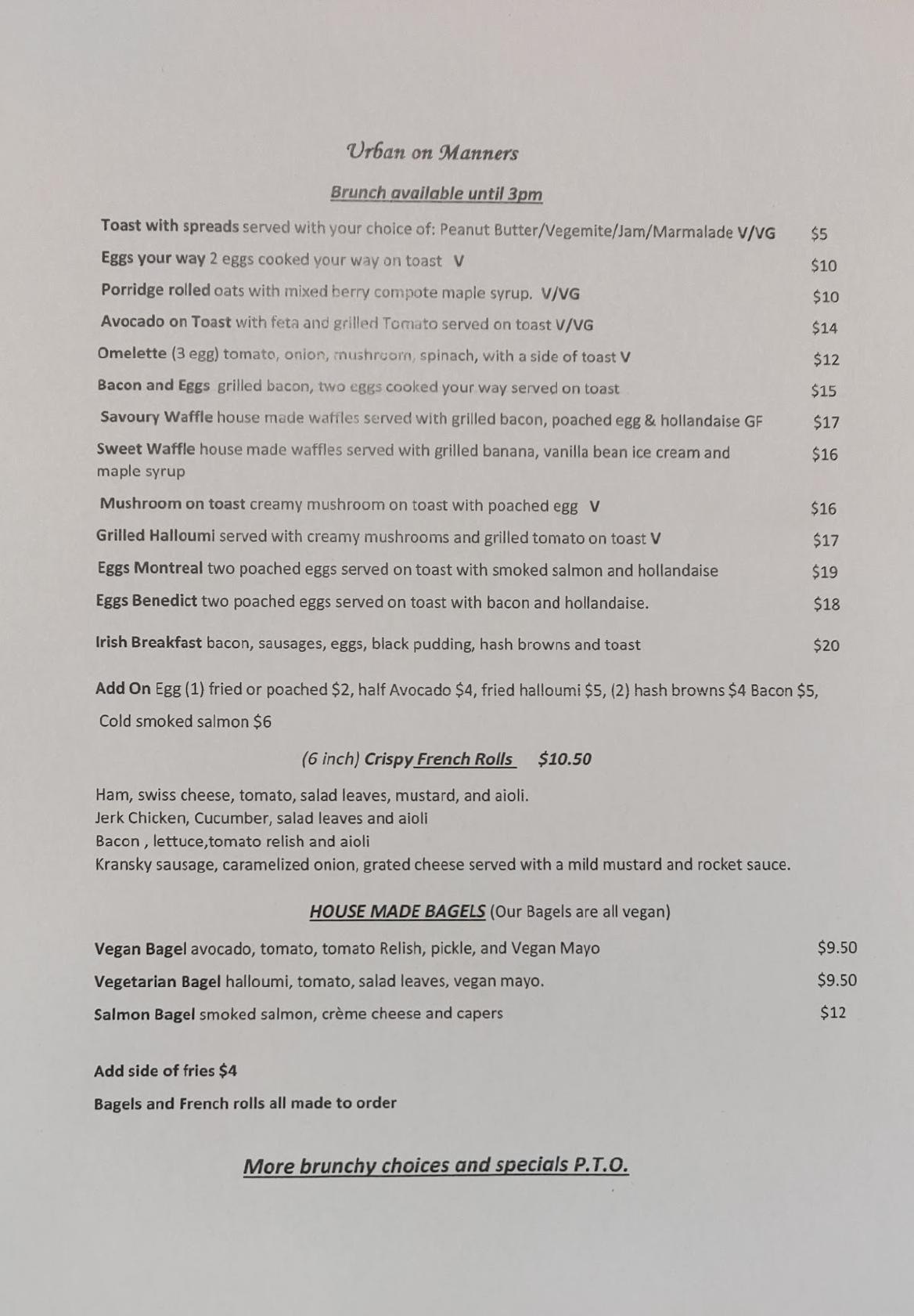 Menu at Urban on Manners cafe, Wellington