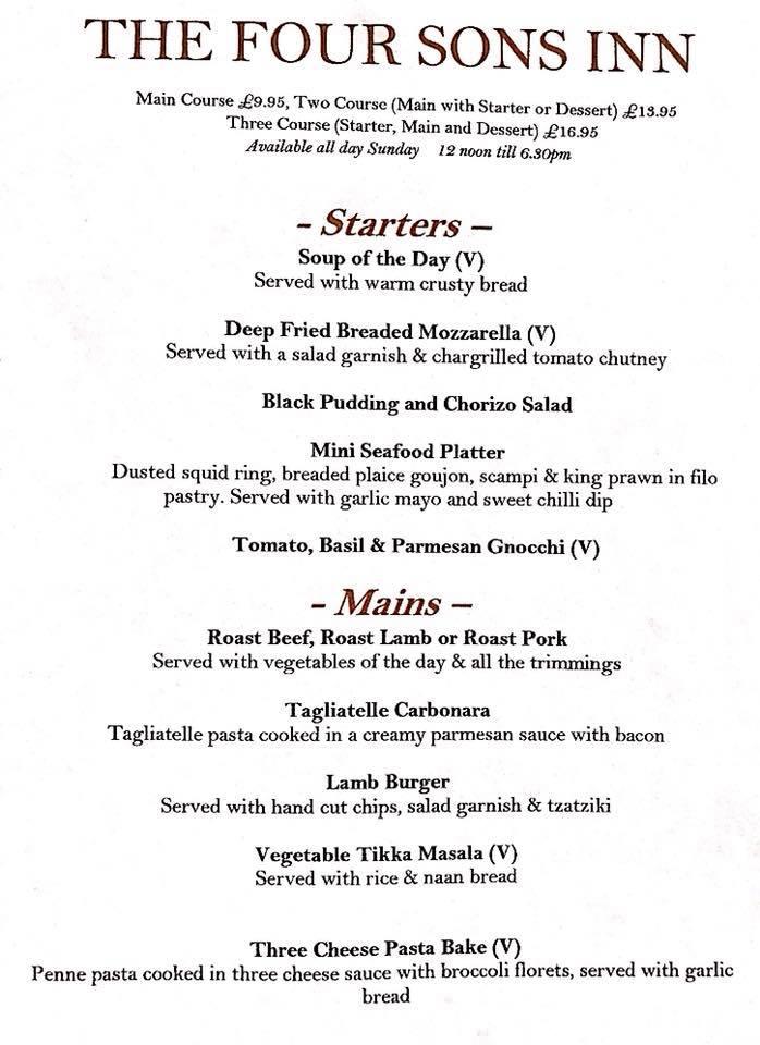 Menu at The Four Sons Inn pub & bar, Huddersfield