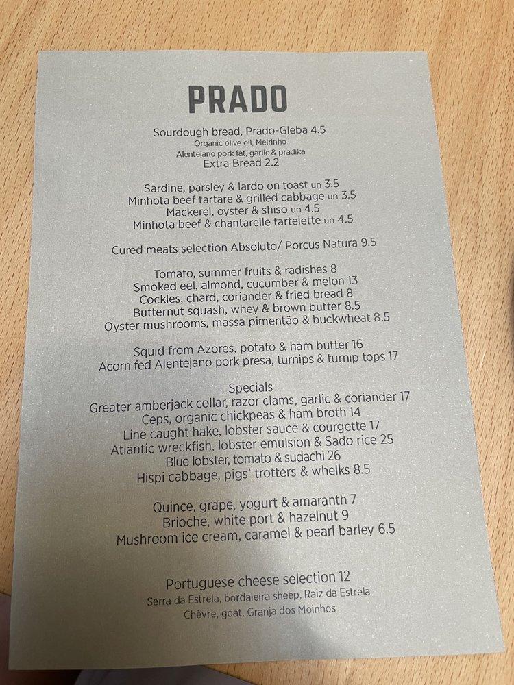 Menu at Prado restaurant, Lisbon, Tv. Pedras Negras 2
