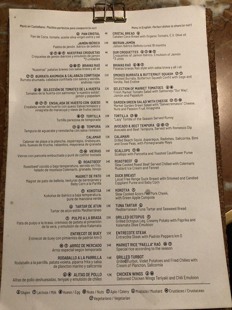 Menu at RAO Restaurant, Barcelona