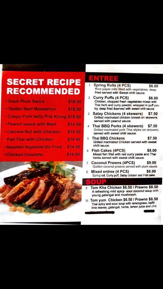 Menu at Secret Recipe Thai Restaurant, Mareeba