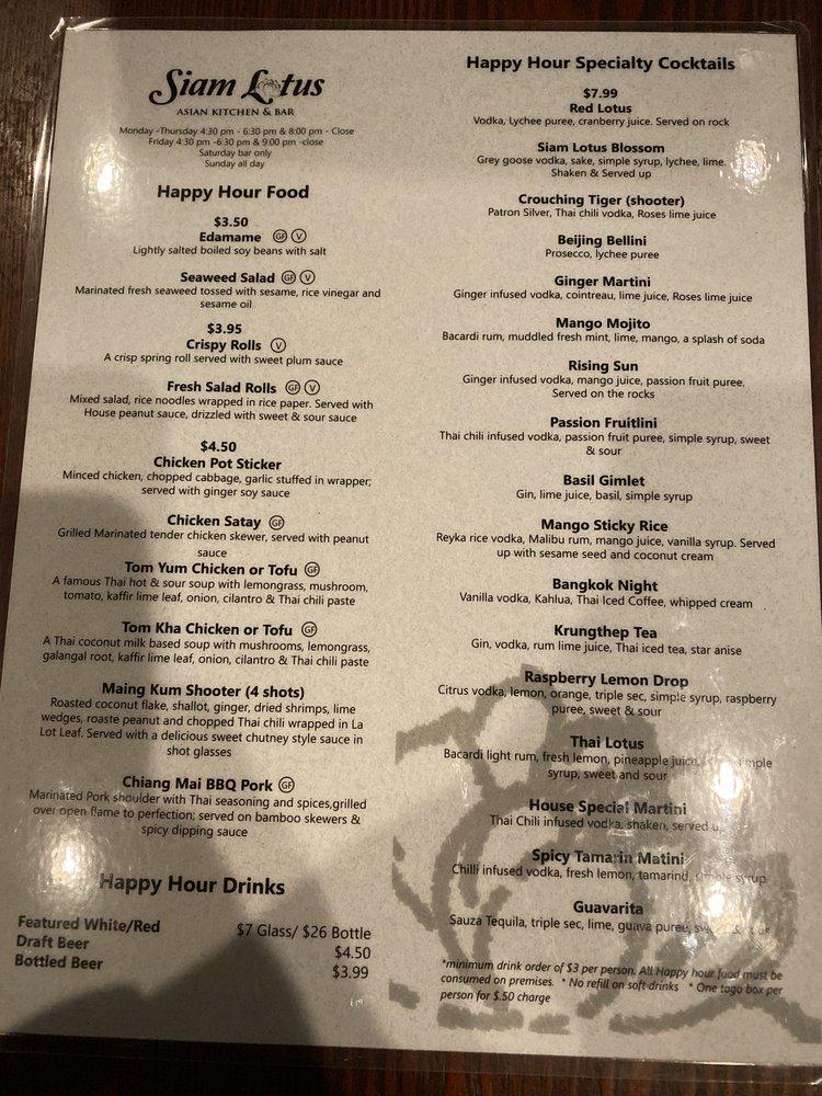Menu at Siam Lotus Asian Kitchen & Bar, Beaverton