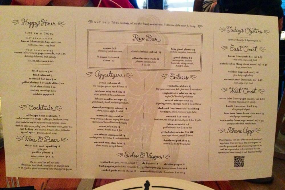 Menu at The Mermaid Inn restaurant, West New York, 570 Amsterdam Ave
