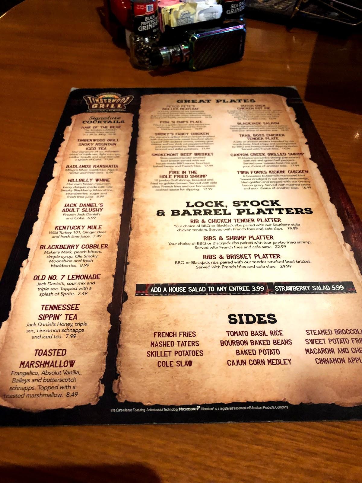 Menu at Timberwood Grill pub & bar, Pigeon Forge