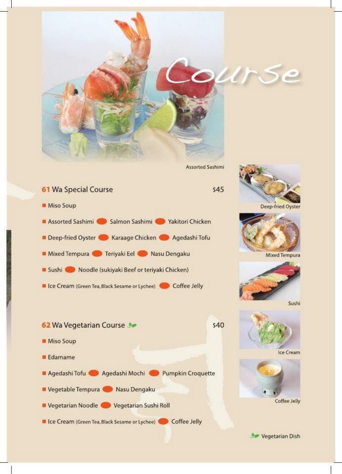 Menu at WA restaurant, Bondi Junction
