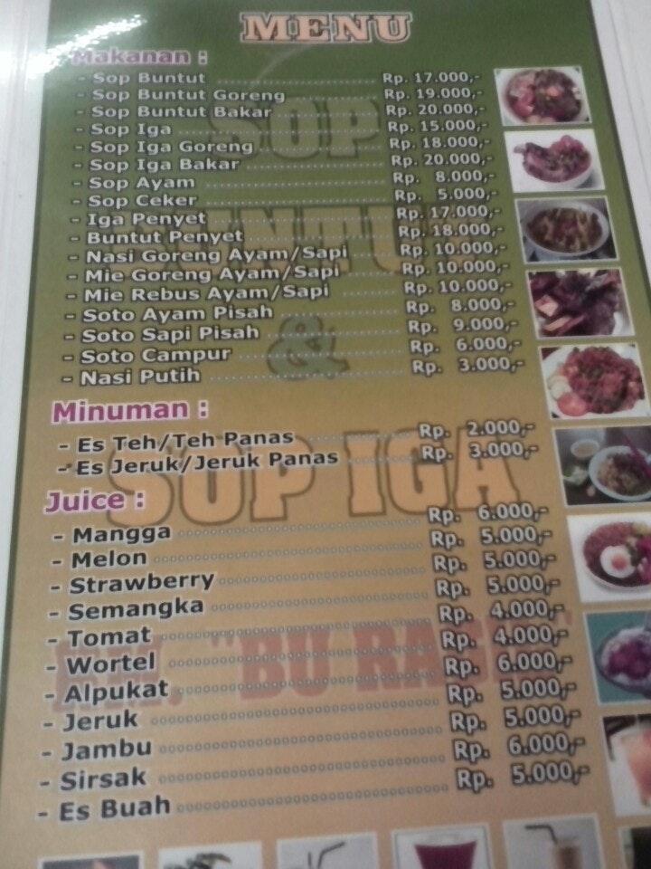 Menu at sop buntut dan sop balung bu ragil restaurant, Tamanmartani