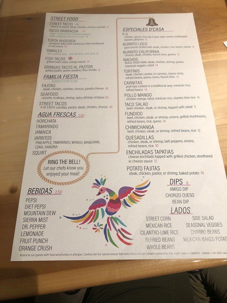 Menu at Cantina Del Sol restaurant, Tupelo