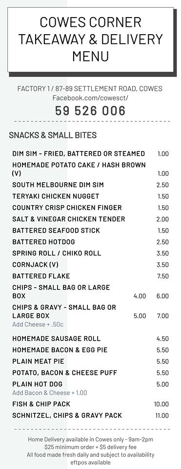 Menu at Cowes Corner Takeaway cafe, Cowes