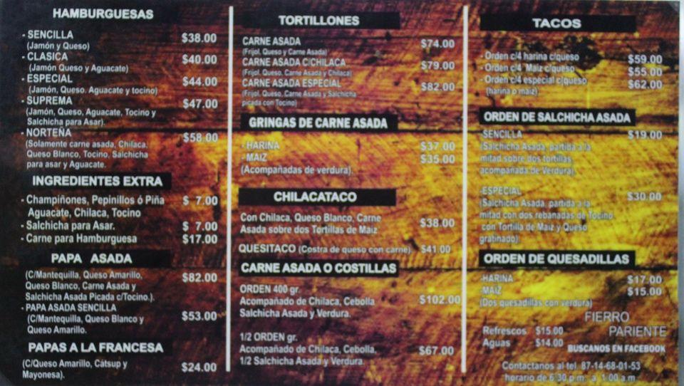 Menu at EL PARIENTE fast food, Torreón