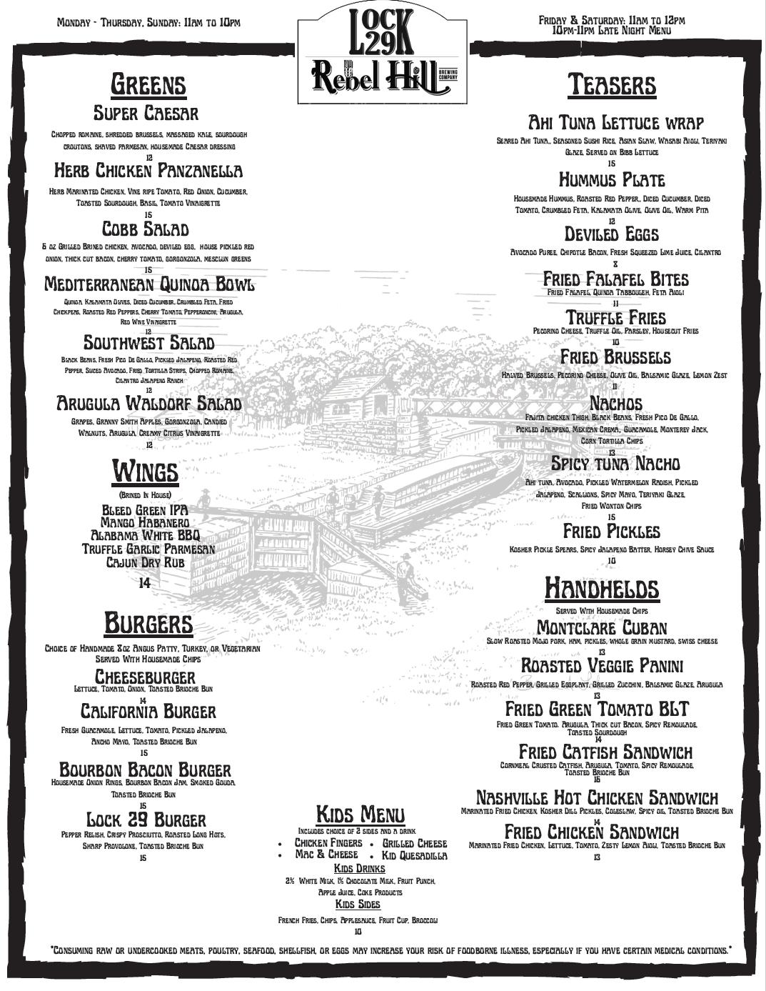 Menu at Lock 29 pub & bar, Mont Clare