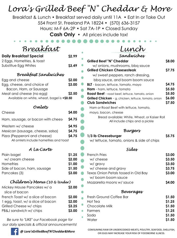 Menu at Loras Grilled restaurant, Freeland