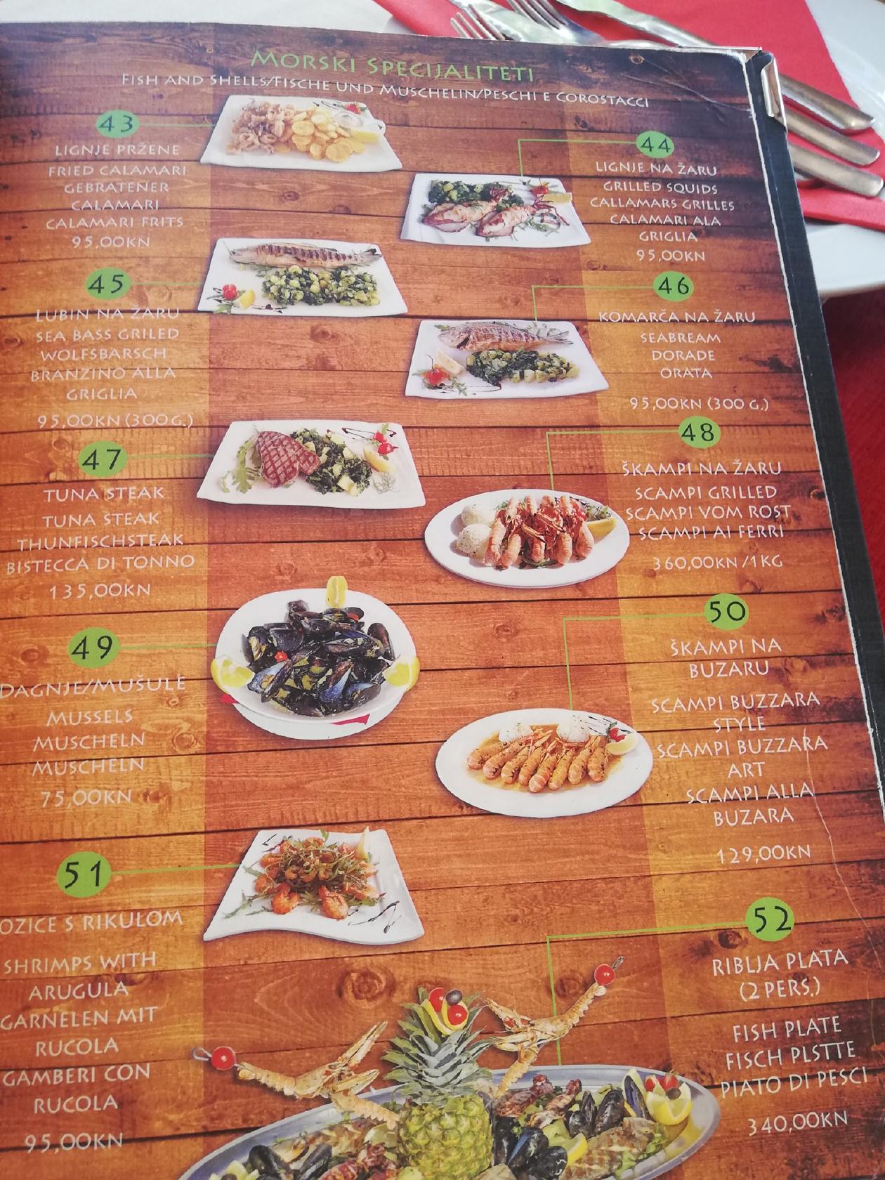Menu at Matteo restaurant, Makarska