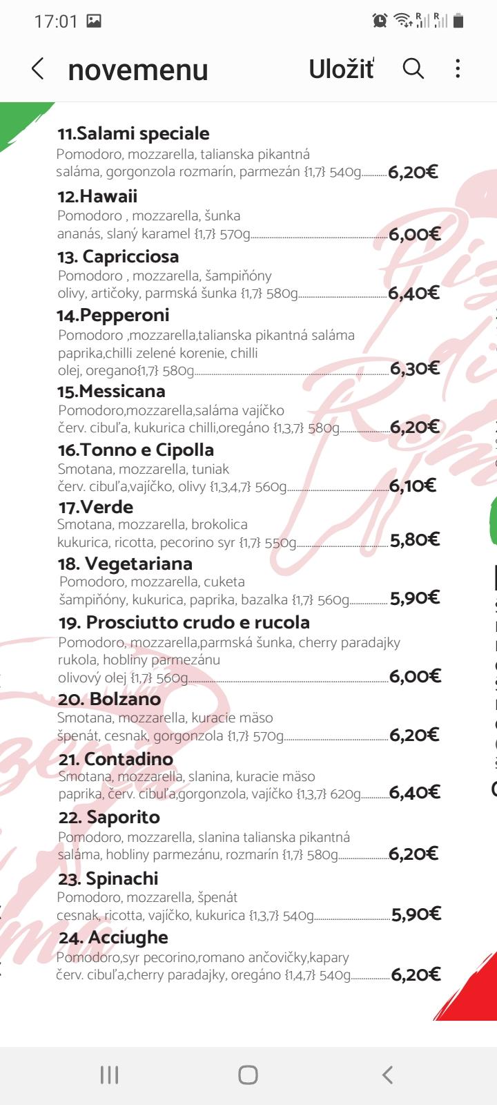 Menu at Pizzeria di Roma, Bardejov