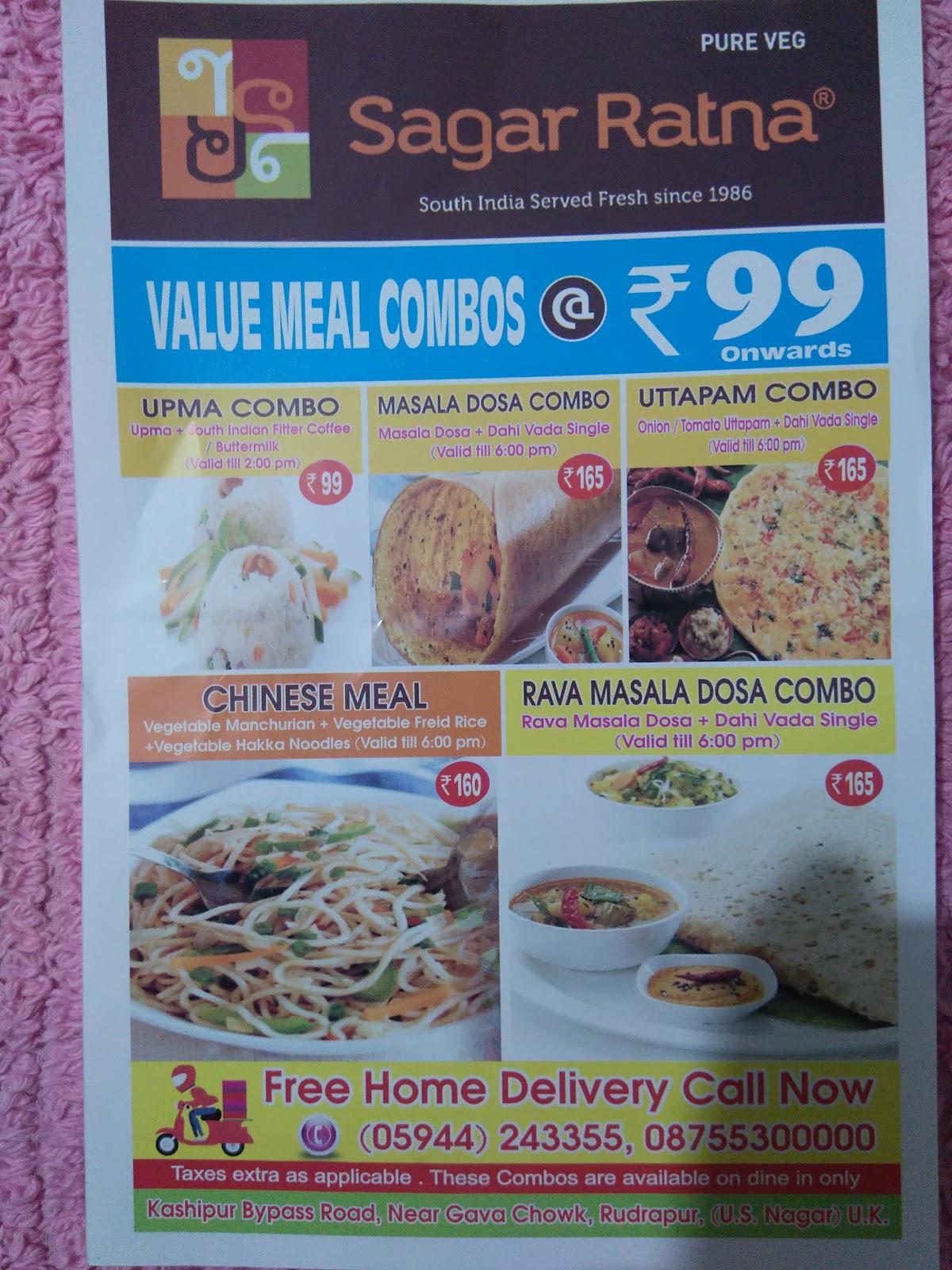 Menu at Sagar Ratna, Rudrapur, X9FQ+QHJ