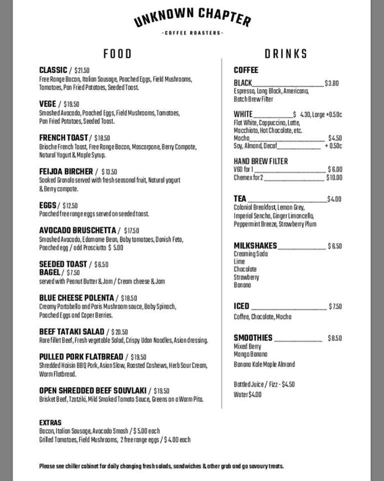Menu at Unknown Chapter Coffee Roasters cafe, Christchurch