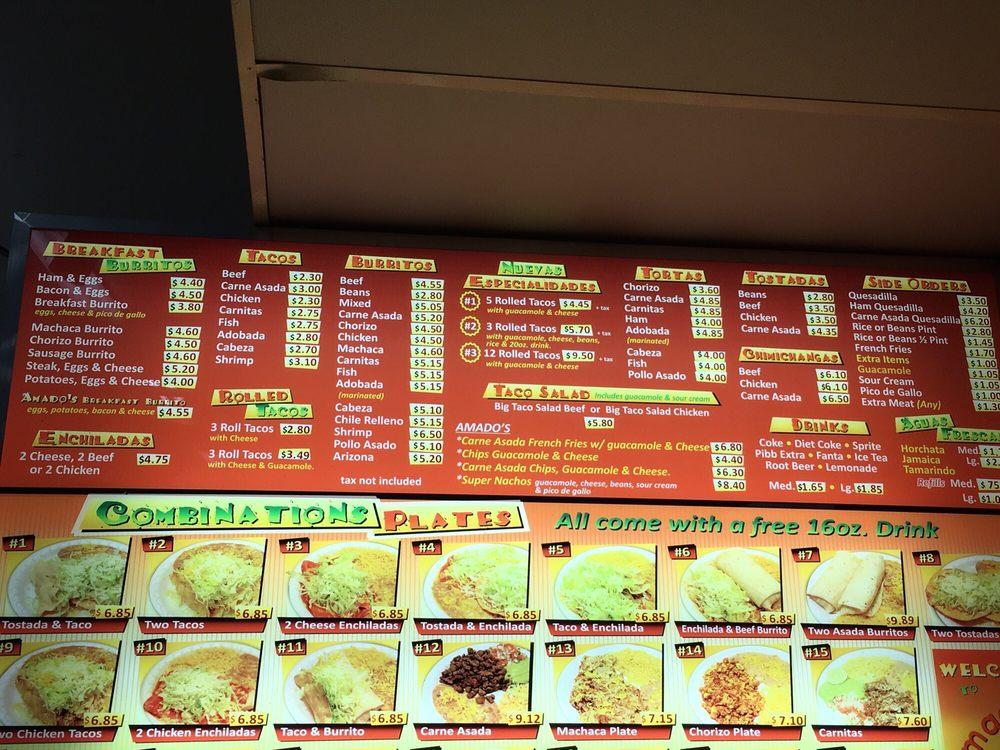 Menu at Amado's Mexican Food restaurant, Tempe, S McClintock Dr