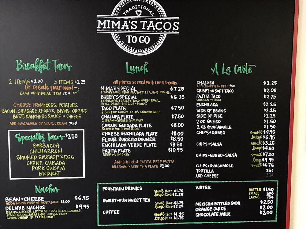 Menu at Mima's Tacos To Go restaurant, Canyon Lake