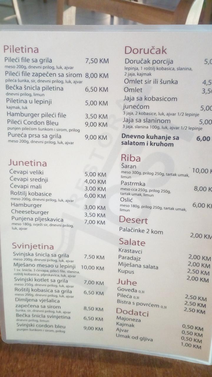 Menu at Restoran Most restaurant, Šamac