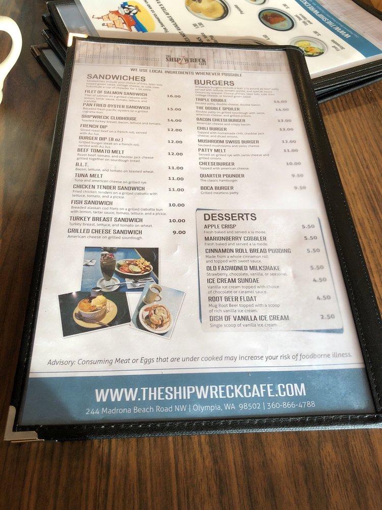 Menu at Shipwreck Cafe, Olympia