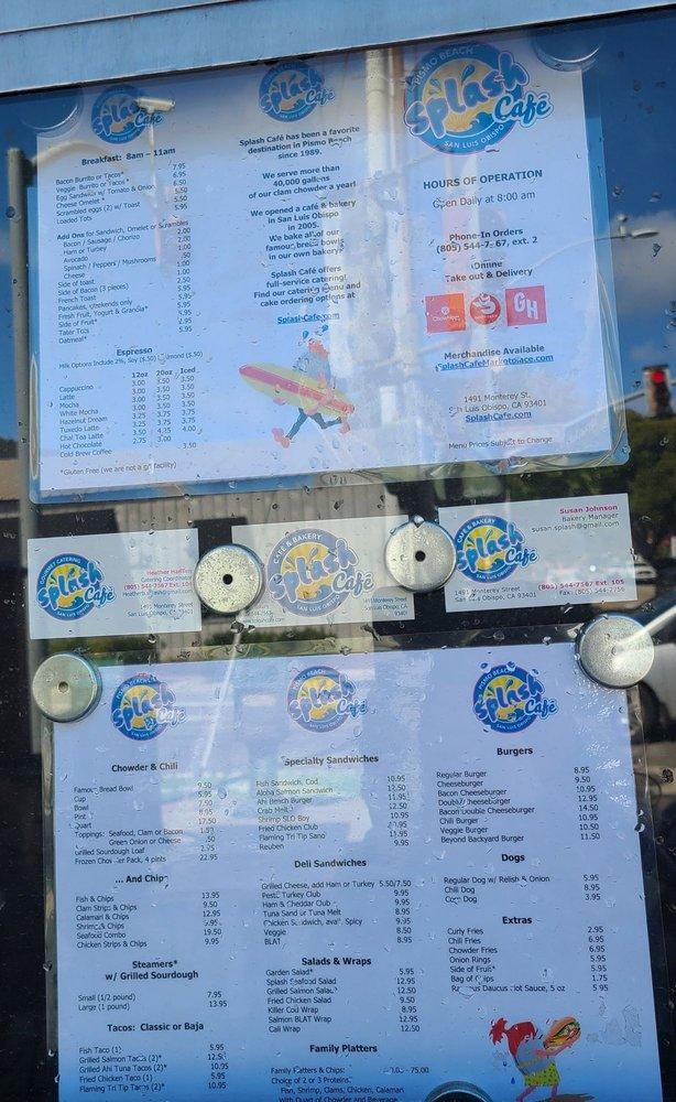Menu at Splash Café cafe, San Luis Obispo, Monterey St
