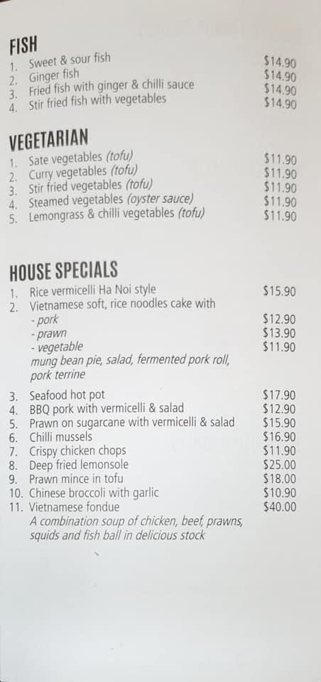 Menu at Vietnamese House Restaurant, Dickson