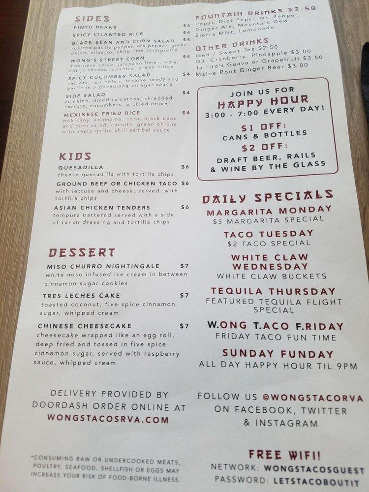 Menu at Wong's Tacos - Greengate restaurant, Richmond