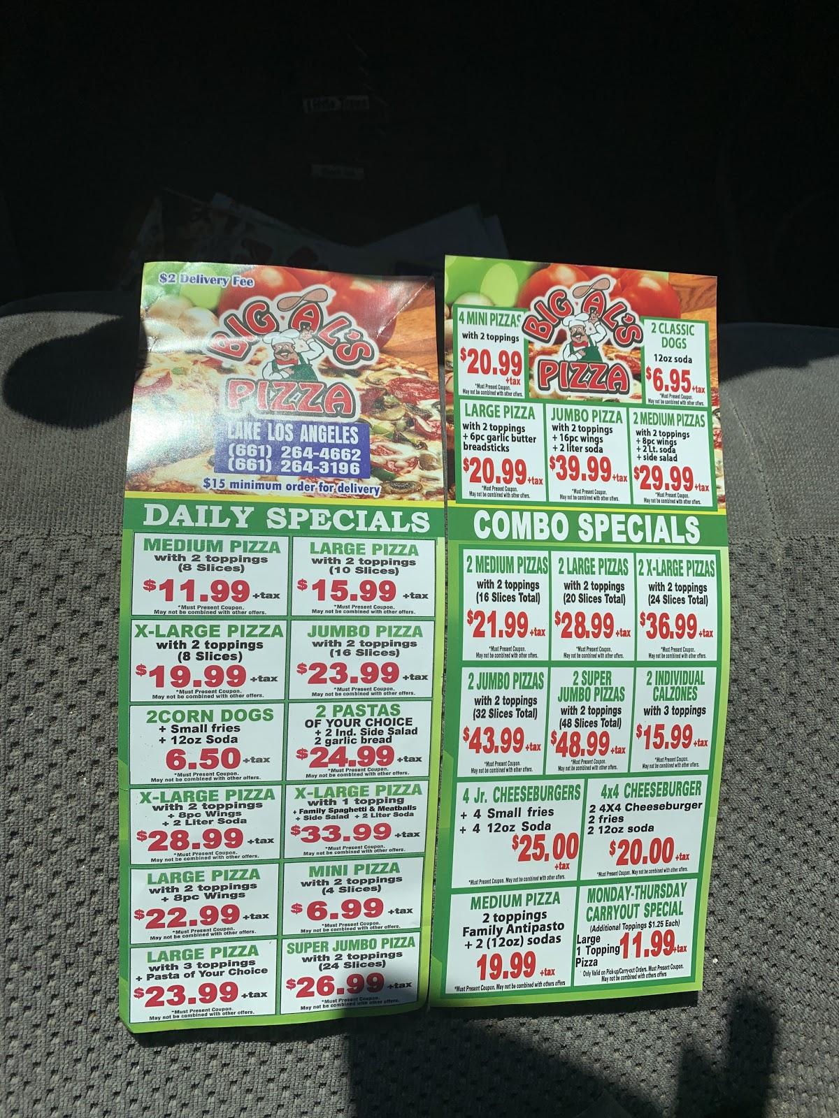 Menu at Big Al's Pizza pizzeria, Lake Los Angeles, 170th St E