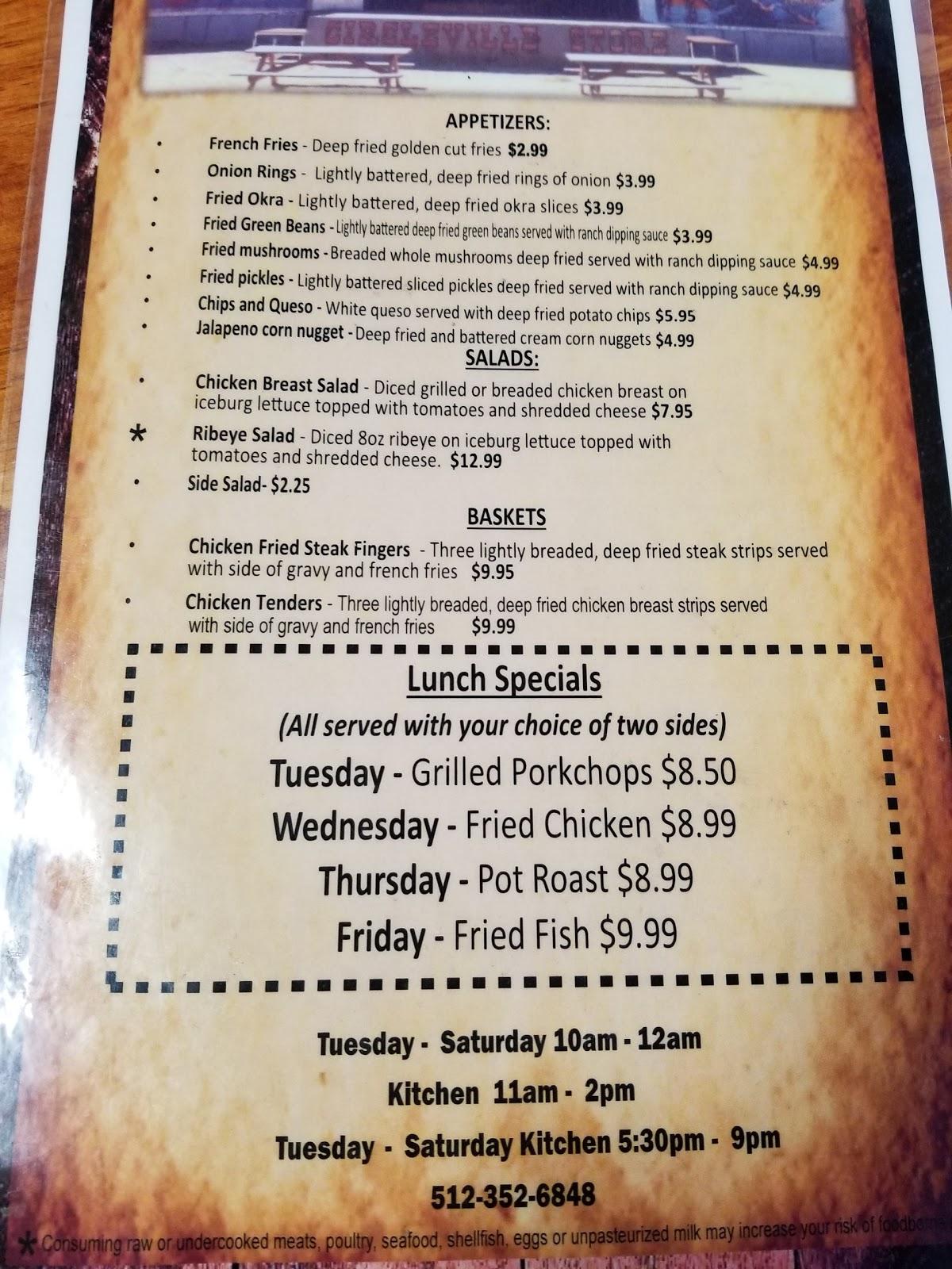 Menu at Circleville Store restaurant, Taylor, 600 State Hwy 95