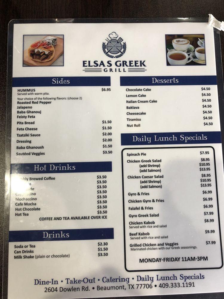 Menu at Elsa's Greek Grill restaurant, Beaumont