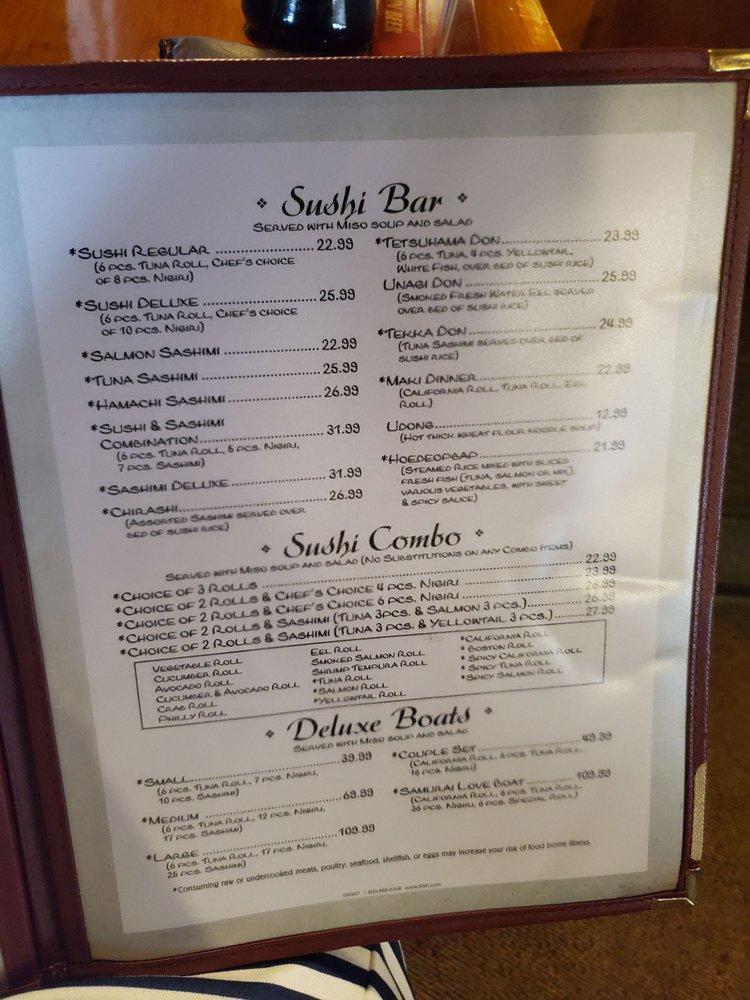 Menu at Japan Samurai restaurant, Chesapeake