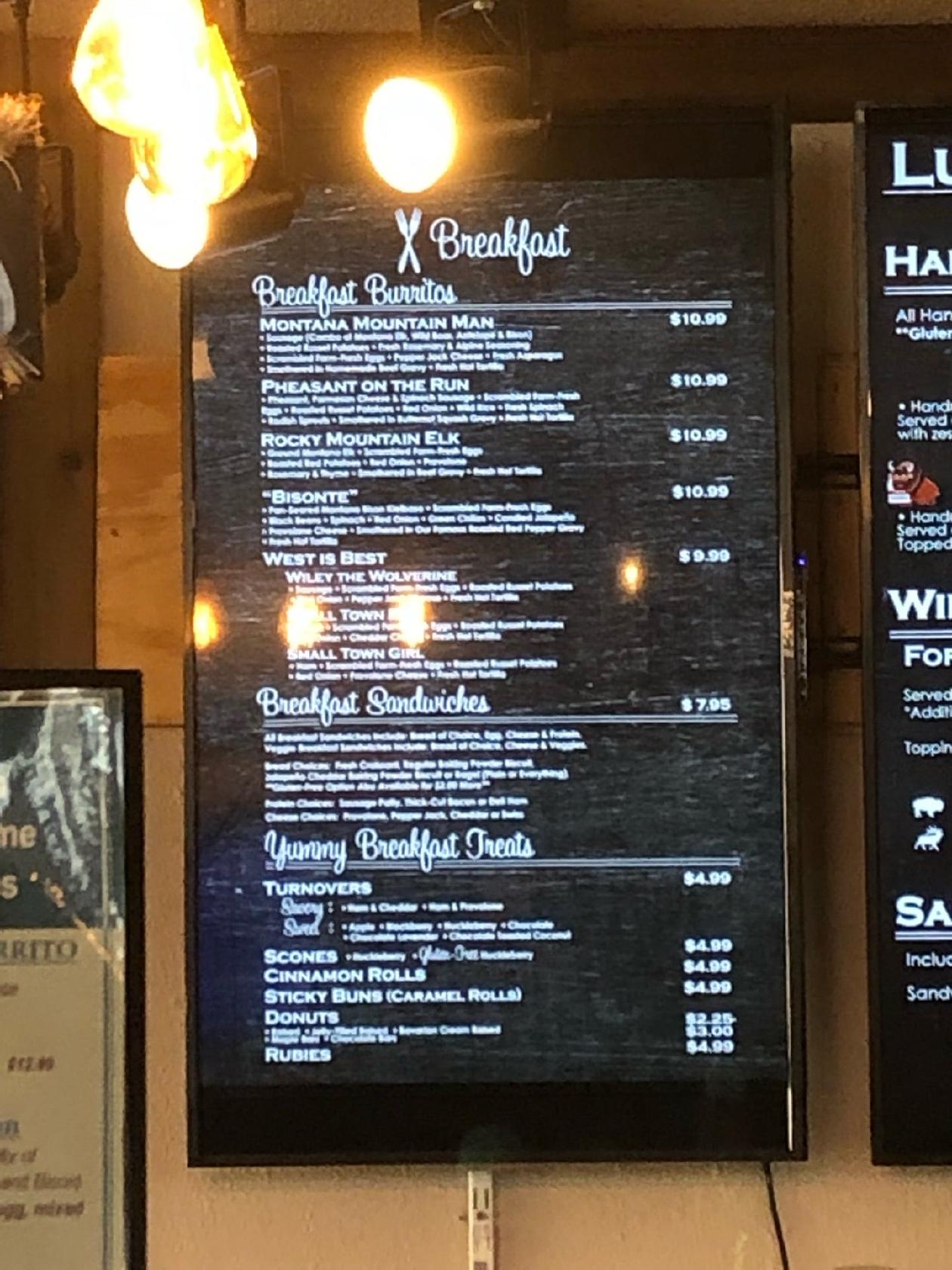 Menu at Mountain Mama’s Coffee House & Bakery, West Yellowstone