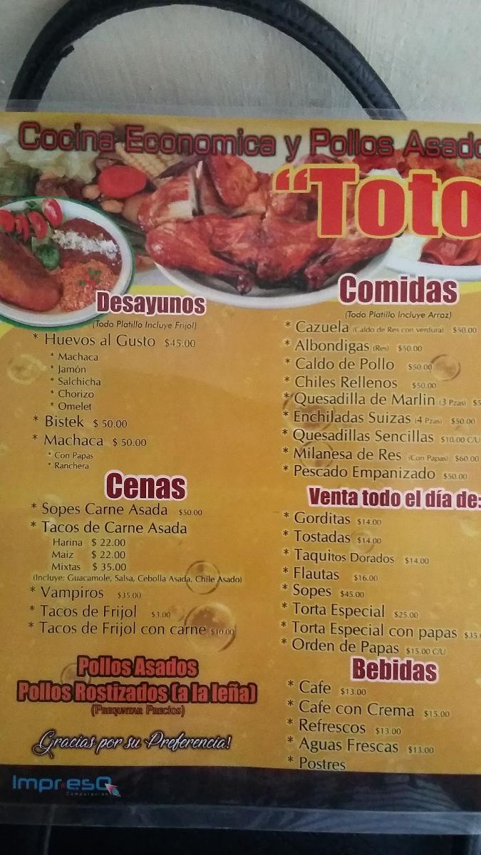 Menu at Pollos Asados Toto restaurant, Mochicahui