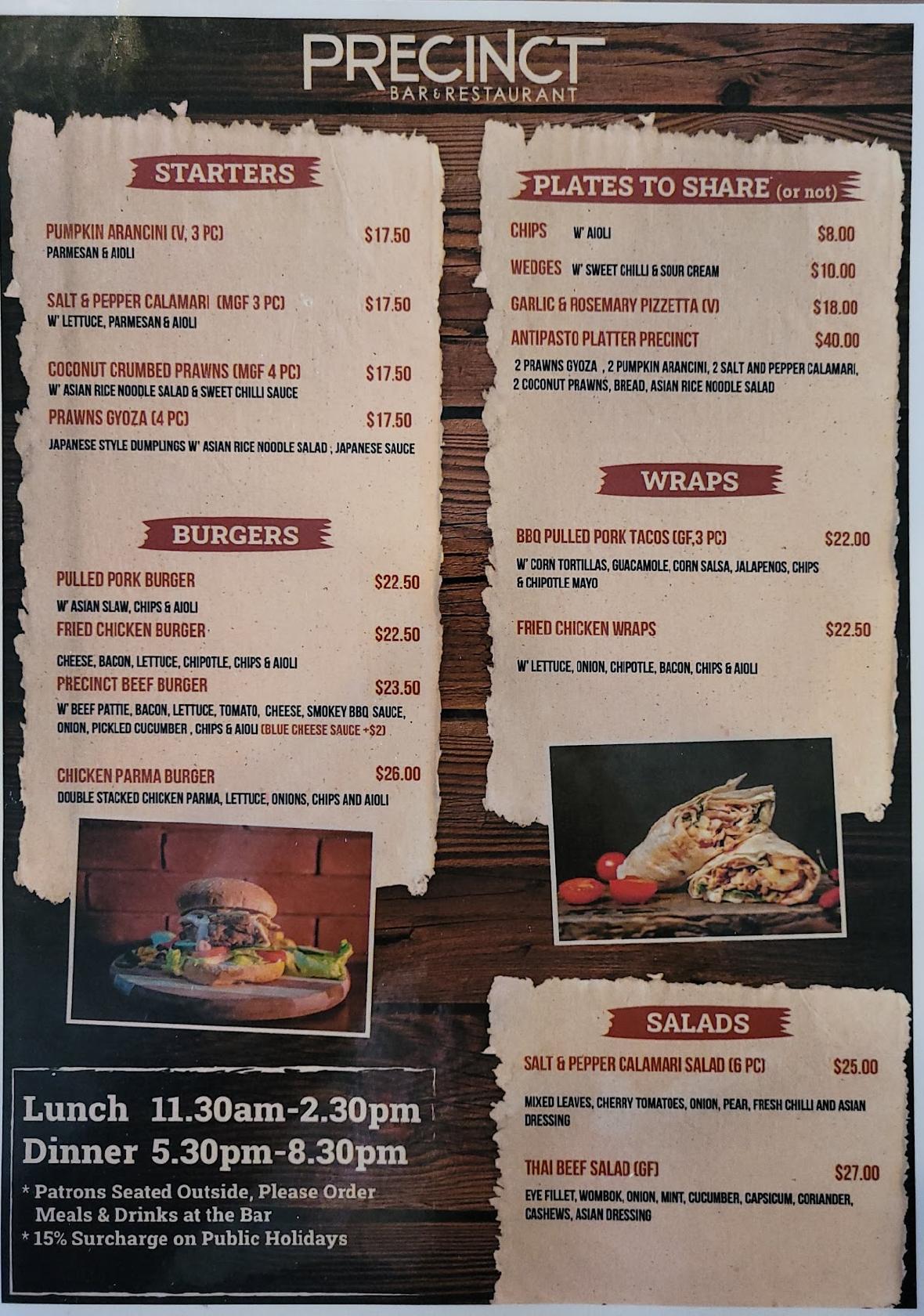 Menu at Precinct Bar & Restaurant, Wangaratta