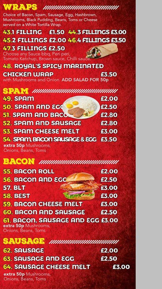 Menu at Royal Cafe, Barnsley