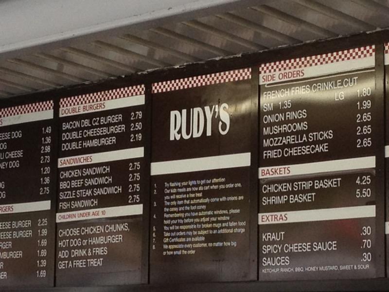 Menu at Rudy's Drive-In restaurant, Michigan Center