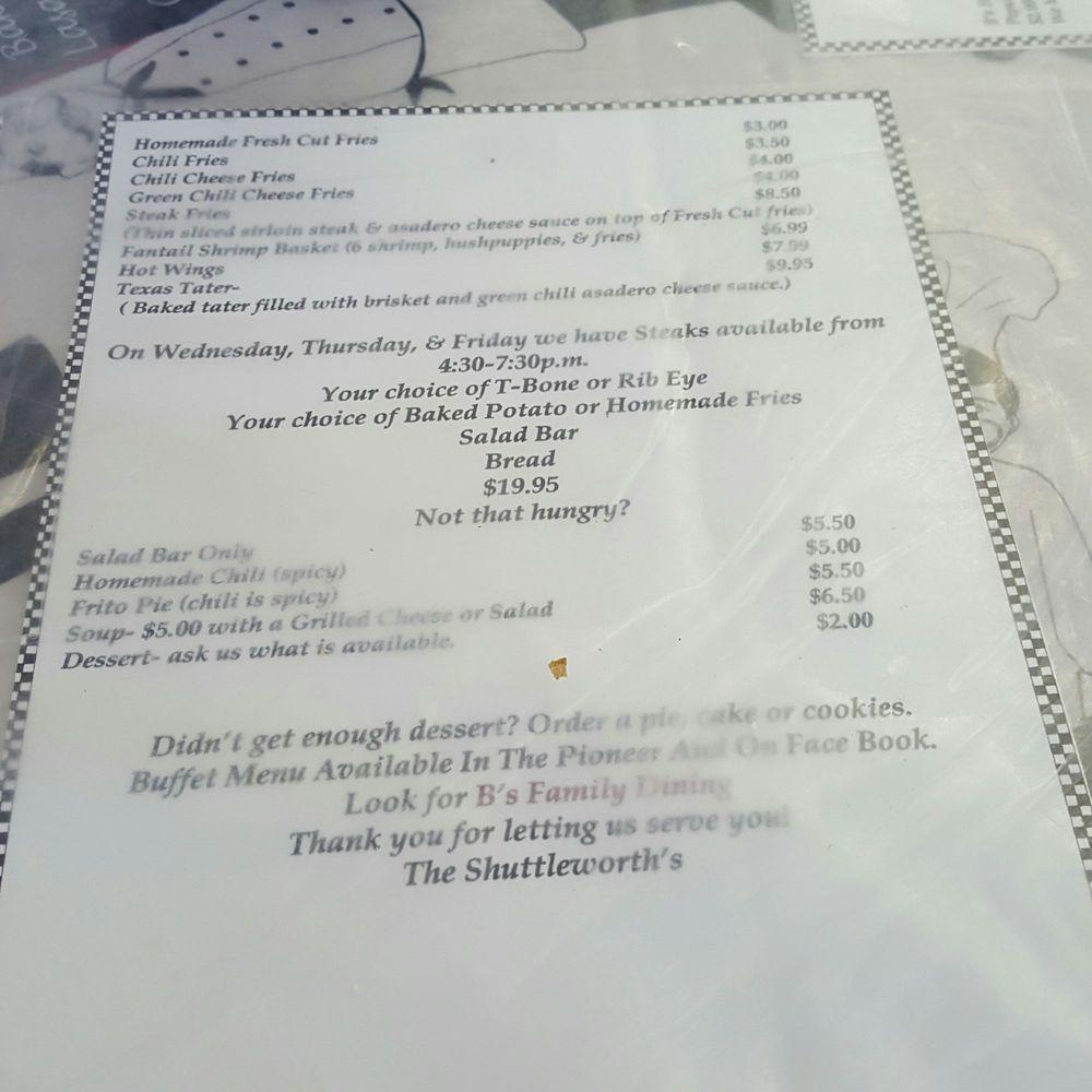 Menu at B's Family Dining restaurant, Fort Stockton