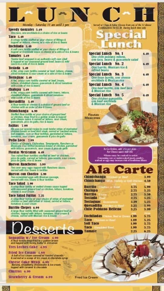 Menu at Chepe's Mexican Grill restaurant, Benton