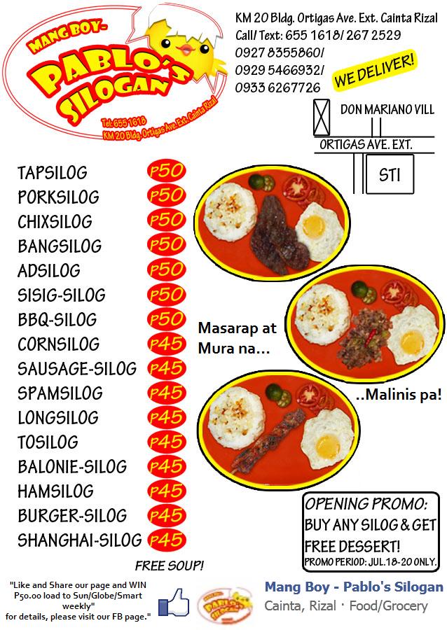 Menu at Mang Boy - Pablo's Silogan restaurant, Cainta