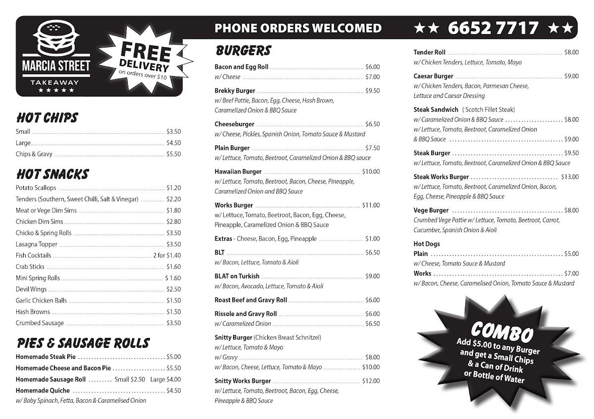 Menu at Marcia Street Takeaway fast food, Coffs Harbour