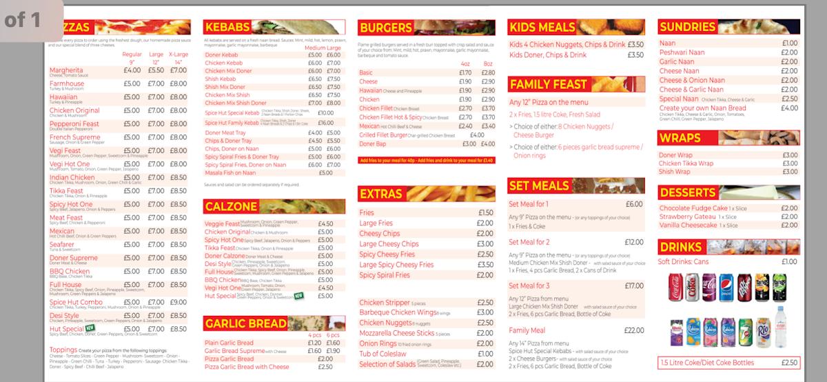 Menu at Spice Hut fast food, Burton upon Trent, 81 Horninglow Rd