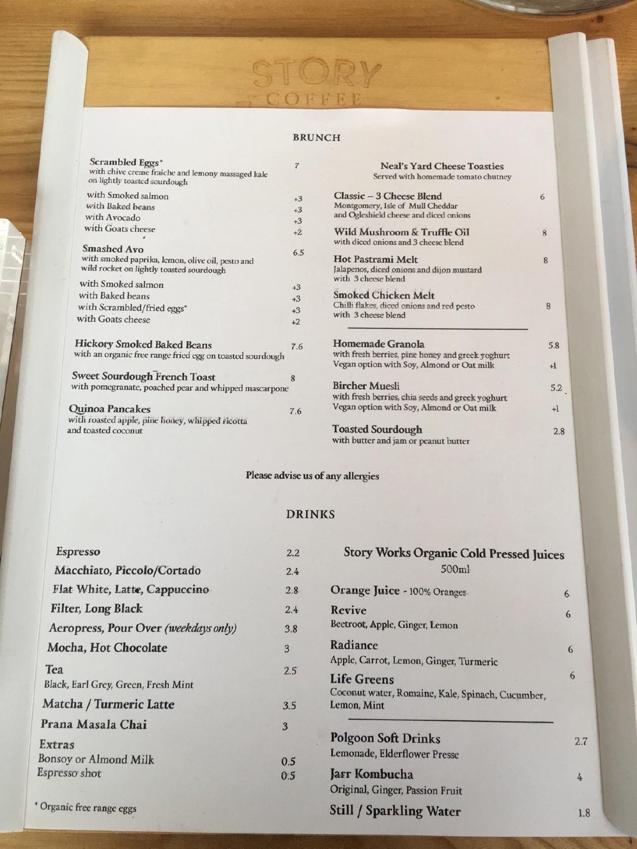 Menu at Story Coffee cafe, London, 115 St Johns Hill