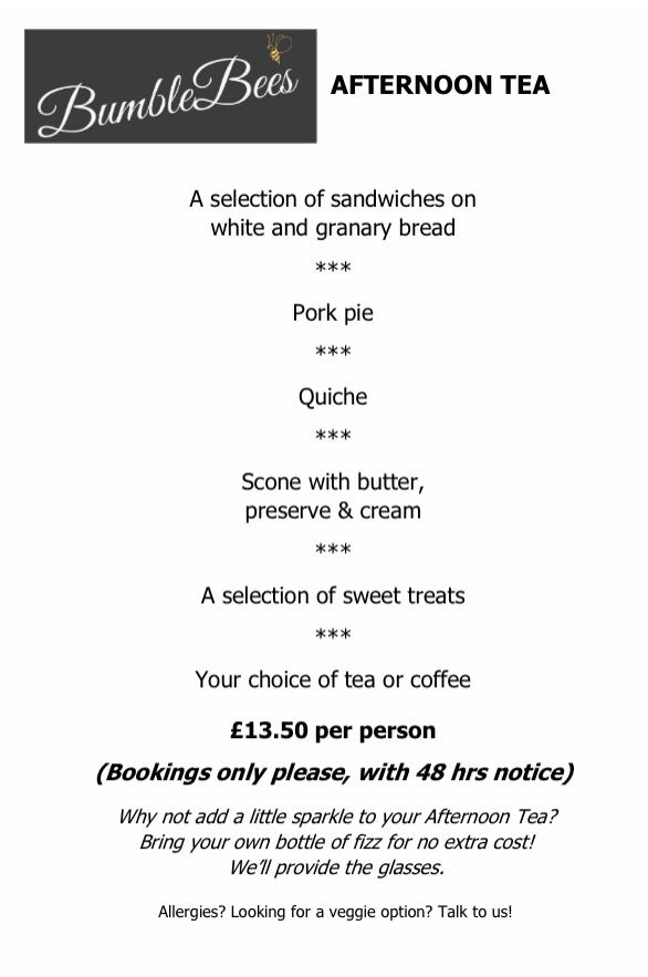 Menu at Bumblebees, Derby