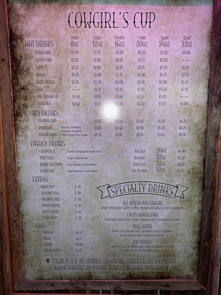 Menu at Cowgirl's Cup, Puyallup
