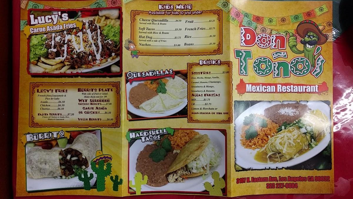 Menu at Don Toño's restaurant, Los Angeles, N Eastern Ave