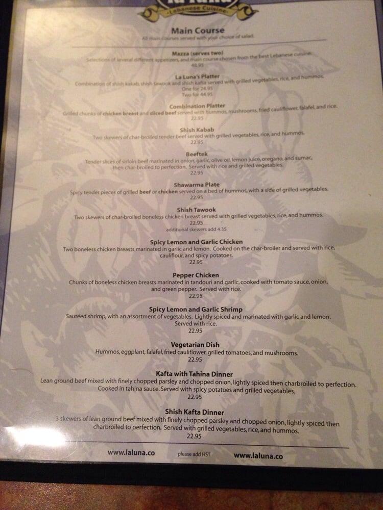 Menu at La Luna Mountain restaurant, Hamilton, 650 Concession St