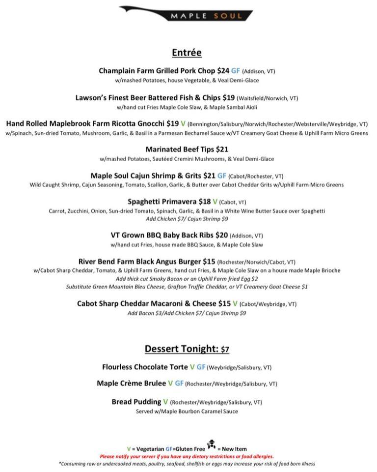 Menu at Maple Soul restaurant, Rochester